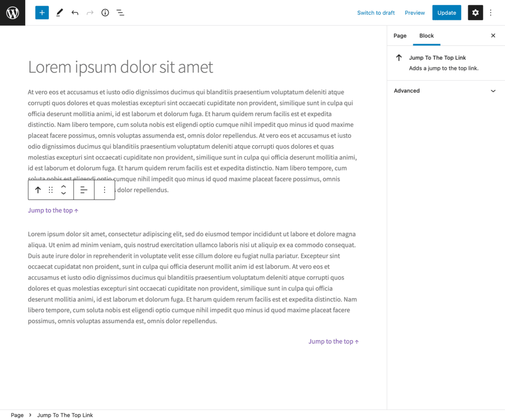 Add a Back To Top Link Anywhere In A Post - To The Top Block